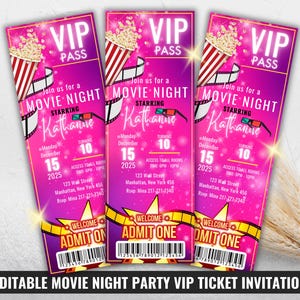 Movie Night VIP Ticket Invitation, Cinema Birthday Party Invite, Girls ...