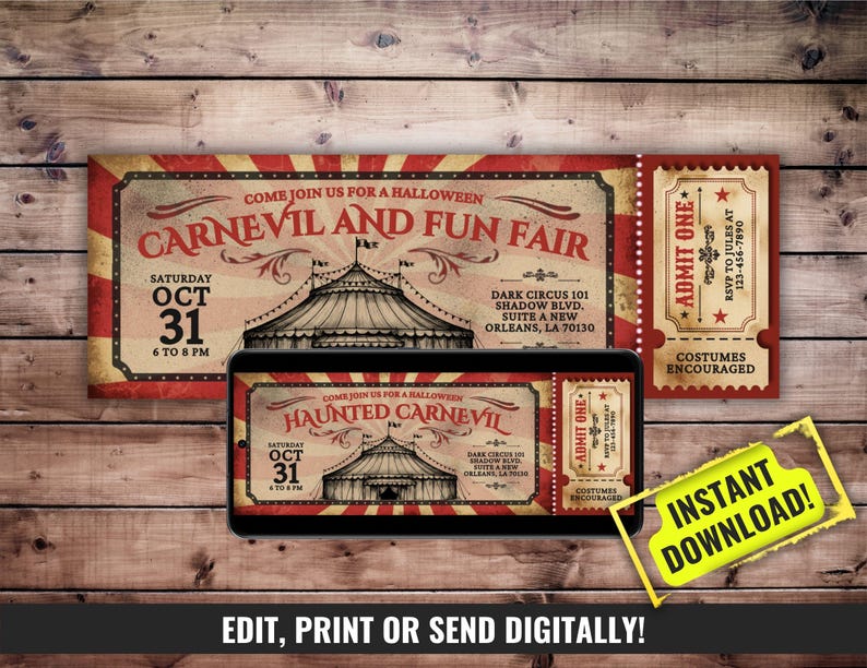 Halloween Carnival Ticket Invitation, Scary Carnevil Circus Invite ...