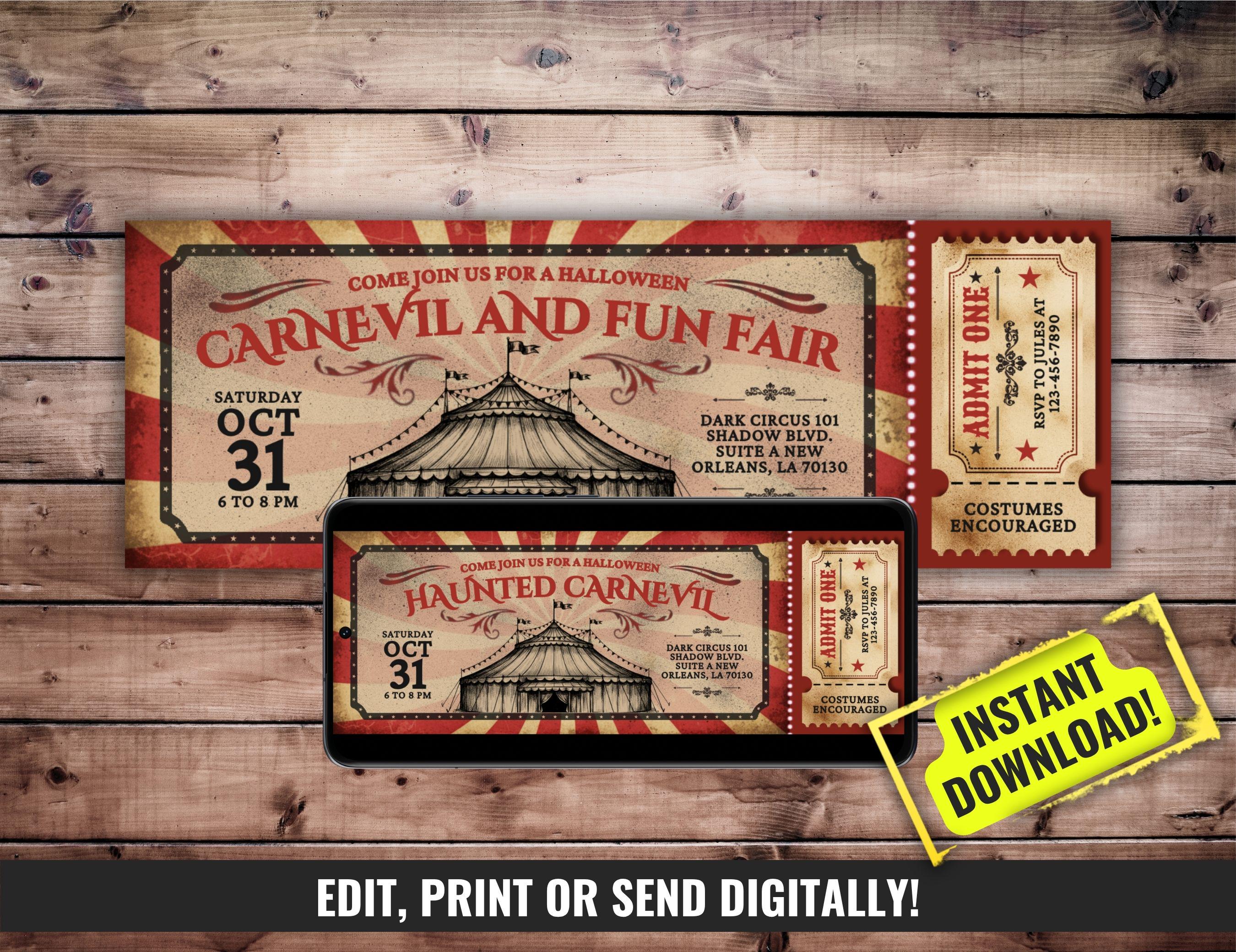 Halloween Carnival Ticket Invitation, Scary Carnevil Circus Invite ...