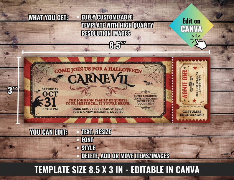 Halloween Carnival Ticket Invitation, Scary Carnevil Circus Invite ...