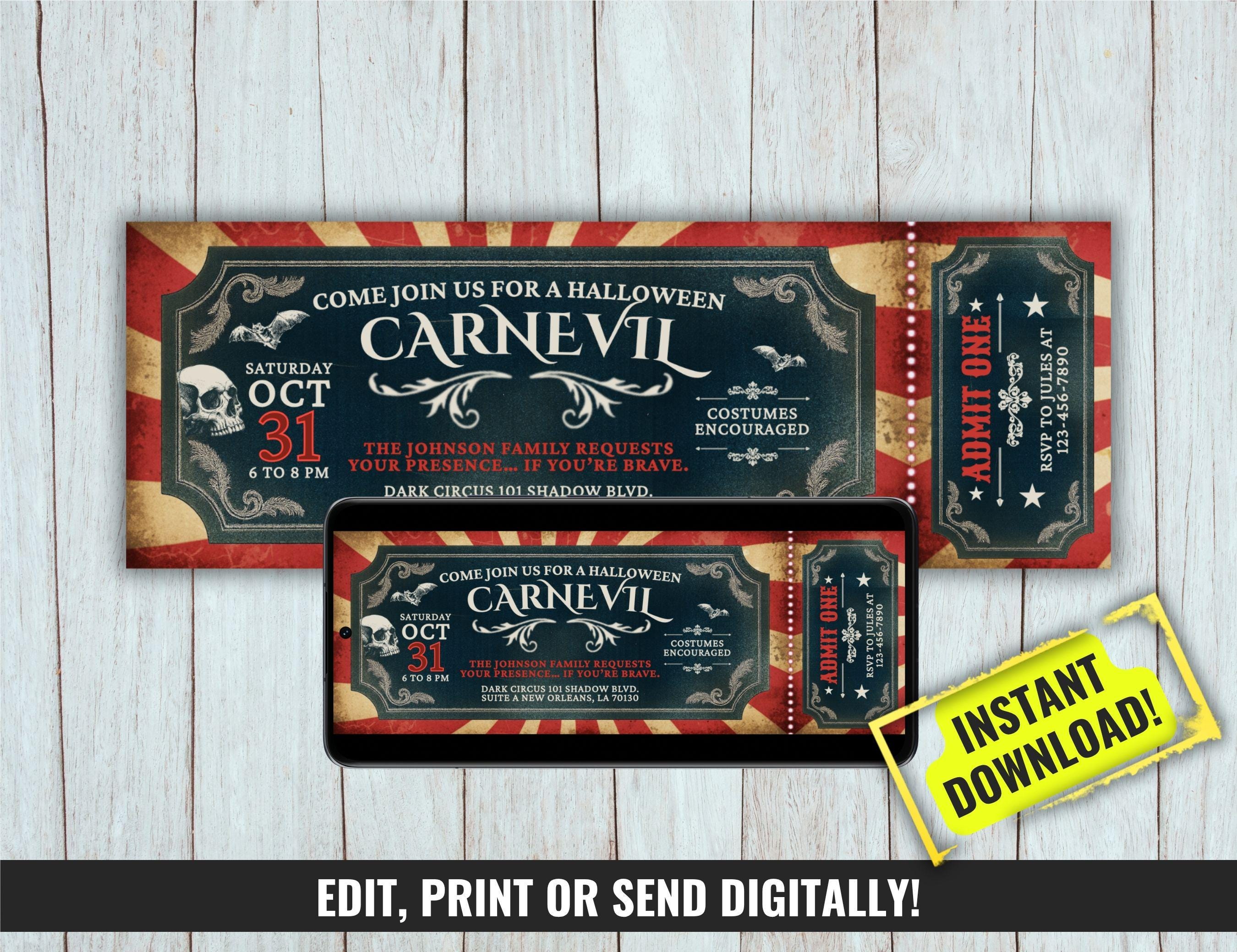 Halloween Carnival Ticket Invitation, Scary Carnevil Chalkboard Circus ...