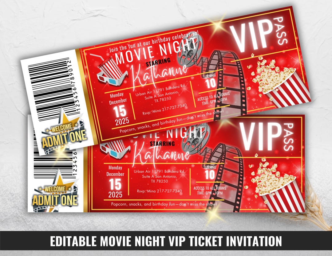 Movie Night VIP Ticket Invitation, Cinema Birthday Party Invite, Red ...