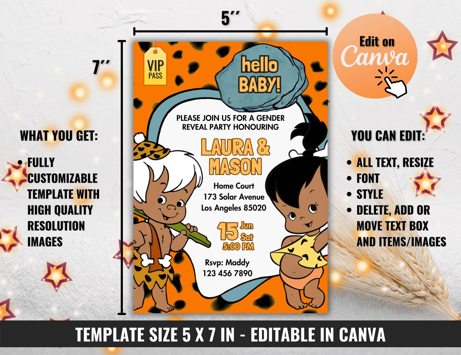 Afro Gender Reveal Invitation, Orange Stone Age VIP Pass, African ...