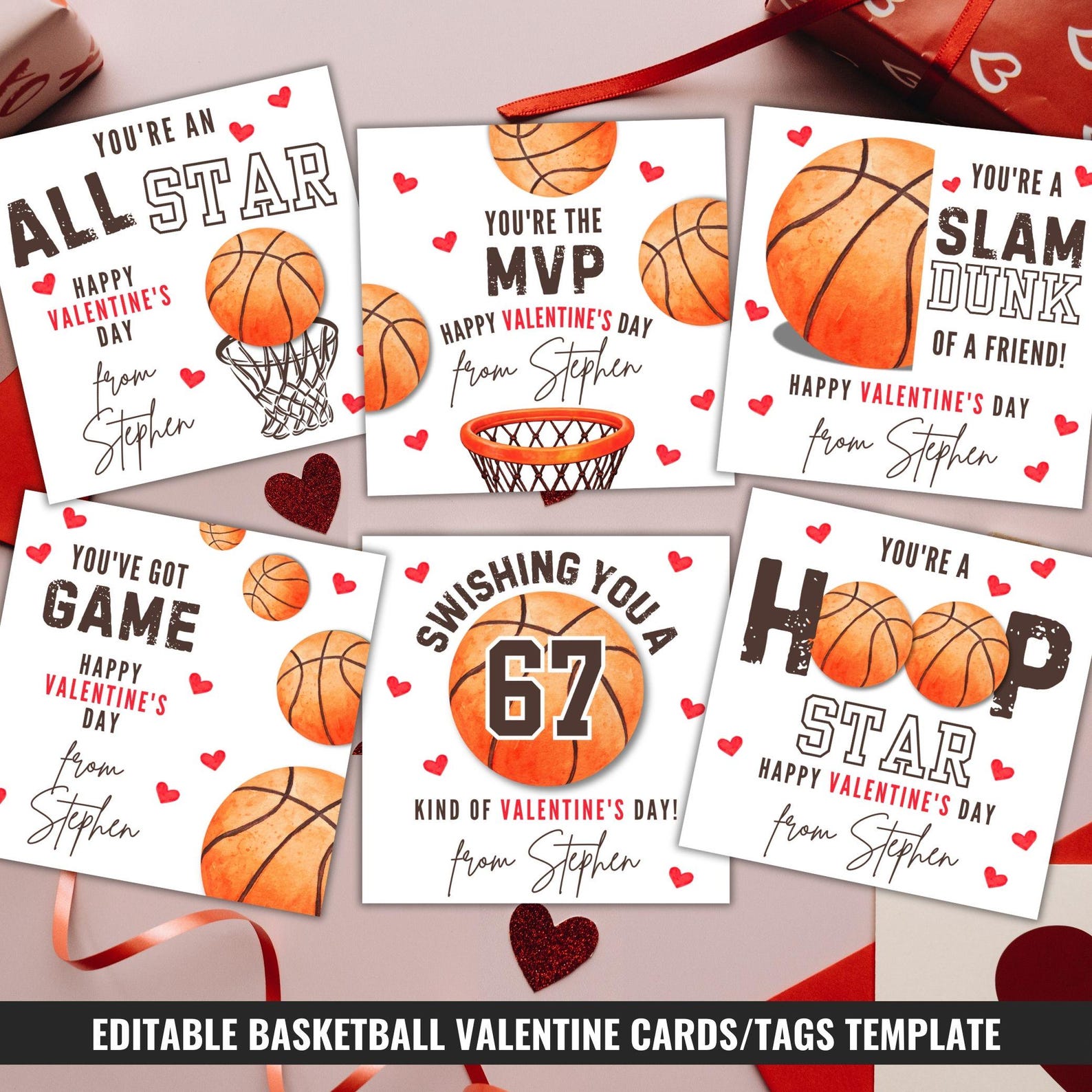 Basketball Valentine Cards, Printable Kids Valentine’s Day Gift Tags ...