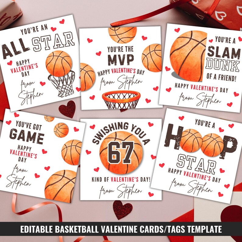 Basketball Valentine Cards, Printable Kids Valentine’s Day Gift Tags ...