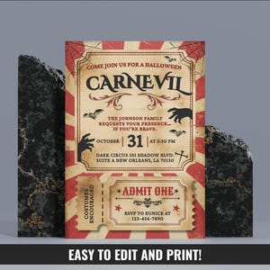 Editable Vintage Halloween Carnival Invitation, Scary Carnevil Circus ...