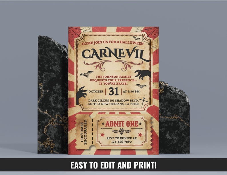 Editable Vintage Halloween Carnival Invitation, Scary Carnevil Circus ...
