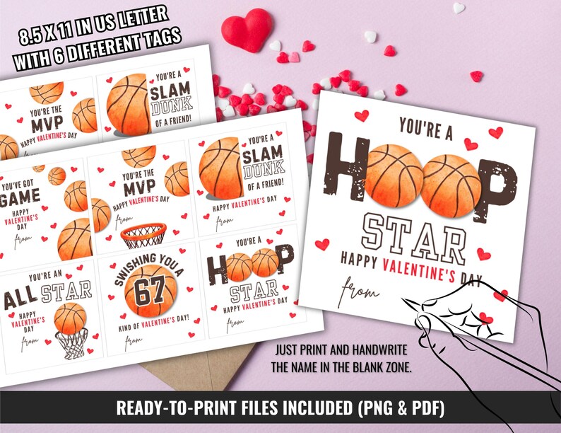 Basketball Valentine Cards, Printable Kids Valentine’s Day Gift Tags ...