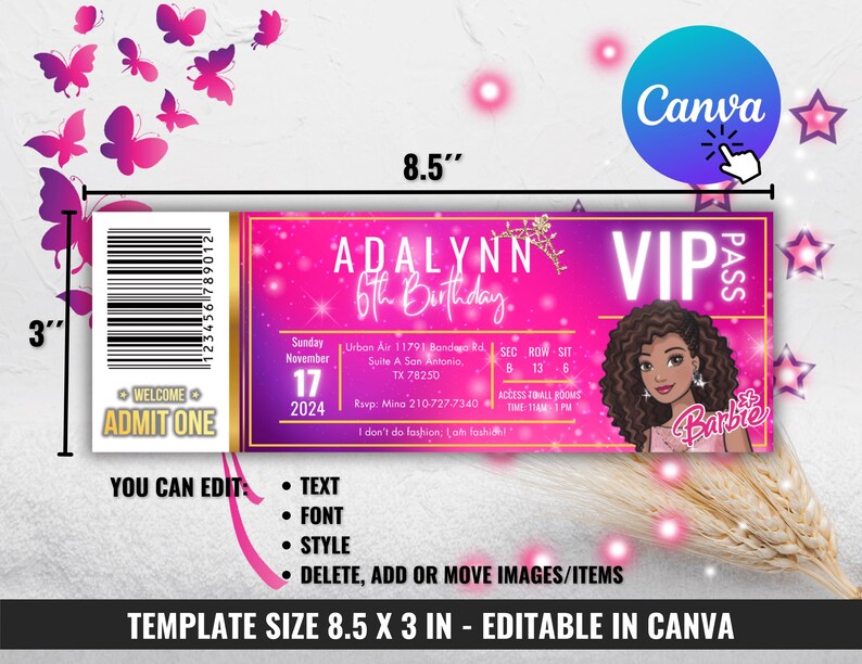 Editable Afro Barbi Birthday VIP Ticket Invitation, Pink Glam Party ...