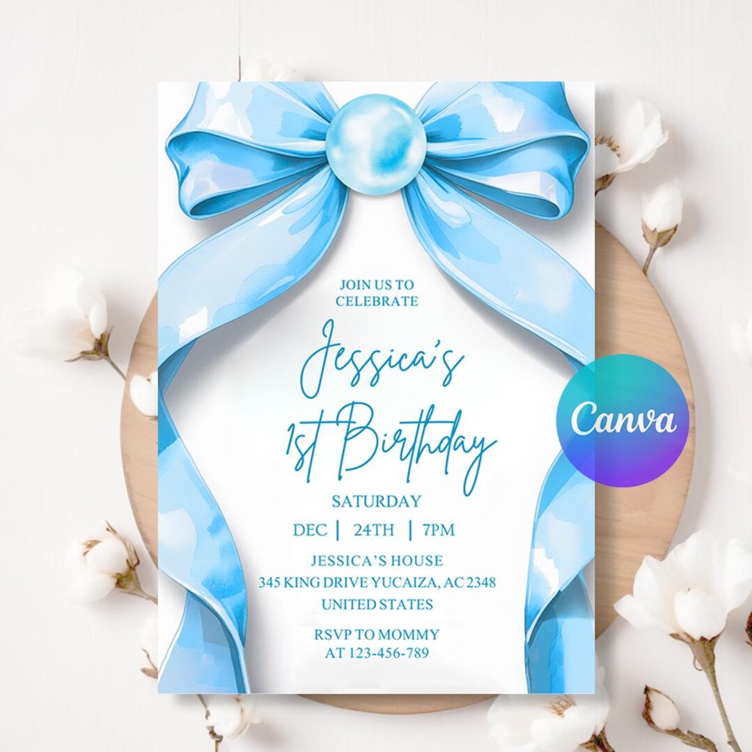 Blue Bow Birthday Invitation, Blue Bow Girl Birthday Invite, Blue Girl ...