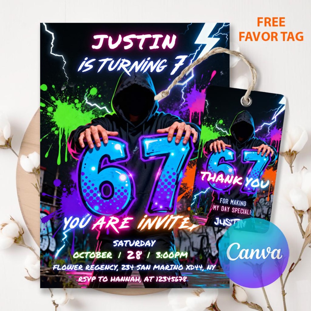 Neon Paint Splatter Birthday Invitation, 6th 7th Birthday, Canva ...