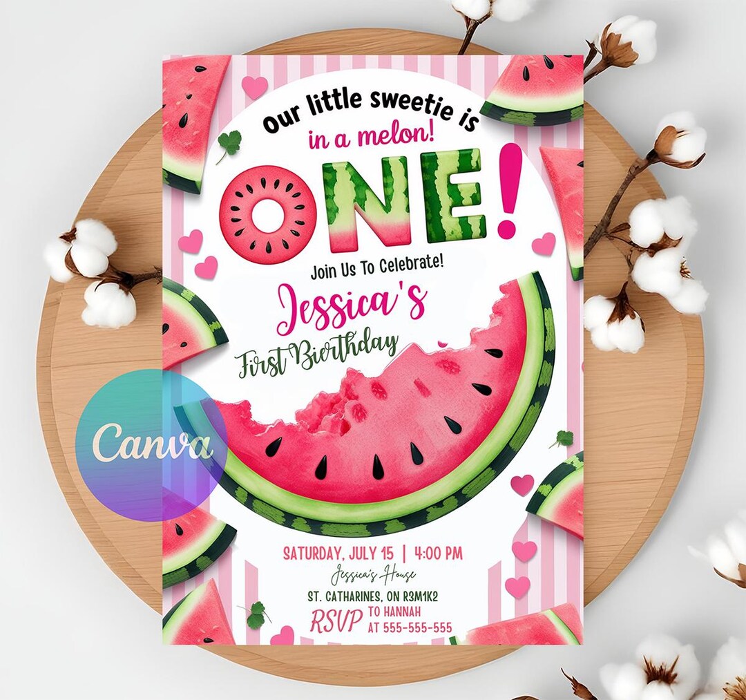 Watermelon 1st Birthday Invitation: Pink Summer Party, Editable Canva ...