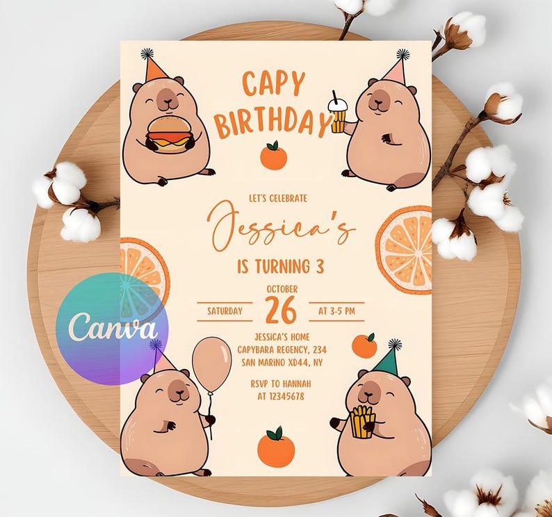 Capybara Invitation , Capybara Birthday Card, Capy Birthday, Kawaii ...