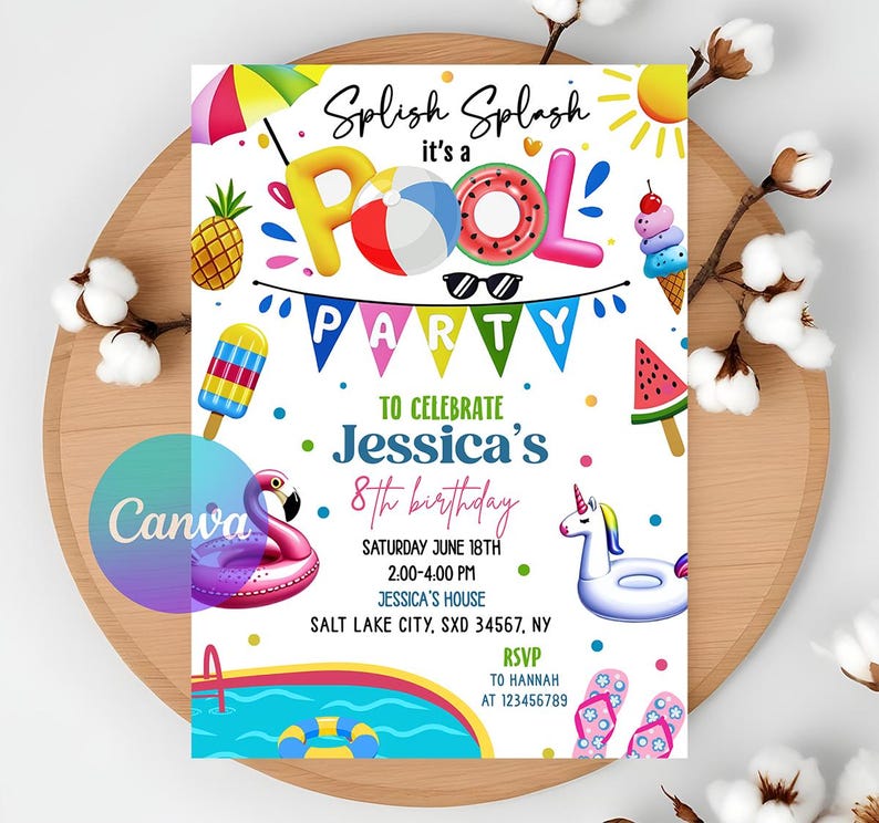 Pool Party Birthday Invitation: Splish Splash Girl Theme (canva ...