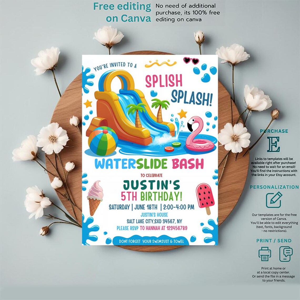 Editable Water Slide Invitation, Water Slide Party Invite, Instant ...