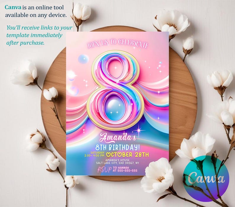 Editable Pink 8th Birthday Invitation: Rainbow Glitter Party (digital ...