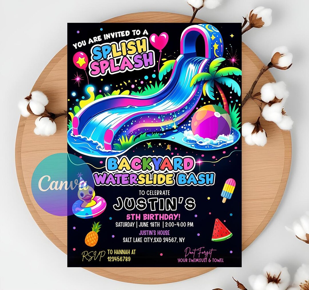 Waterslide Birthday Party Invitation: Splash Bash Canva Template ...
