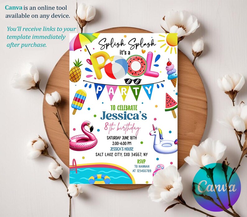 Pool Party Birthday Invitation: Splish Splash Girl Theme (canva ...
