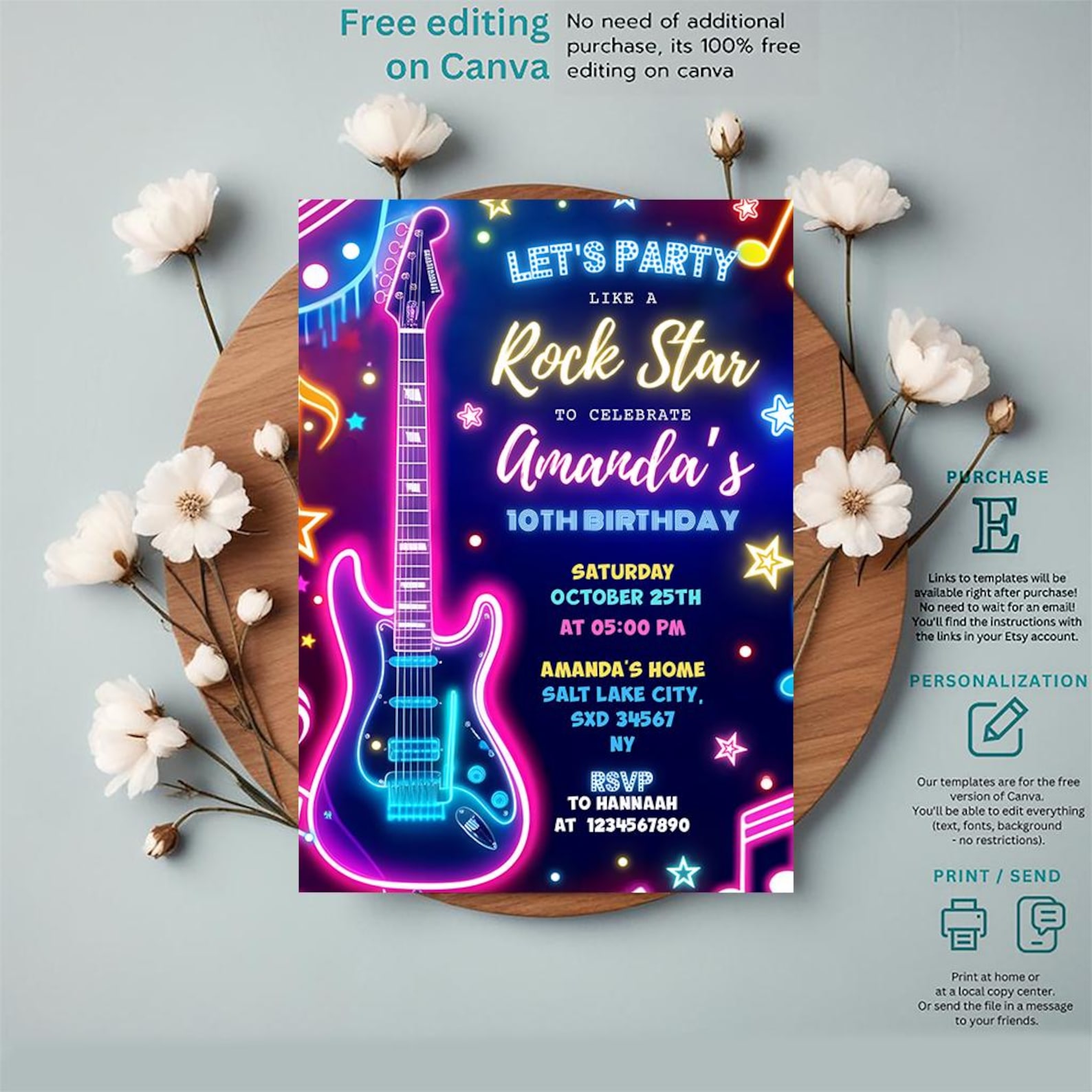 Rockstar Birthday Invitation: Karaoke Party, Editable Template (digital ...