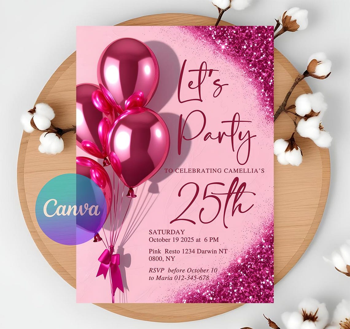 Digital Let's Party Pink Glitter Balloons Birthday Party Invitation ...