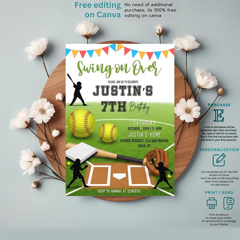 Editable Softball Birthday Invitation: Printable Party Card (digital ...