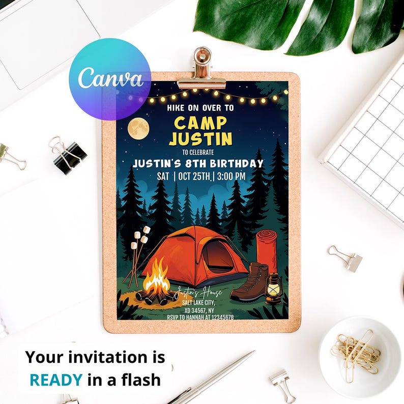 Camping Birthday Invitation: Outdoor Adventure, Editable Campout ...