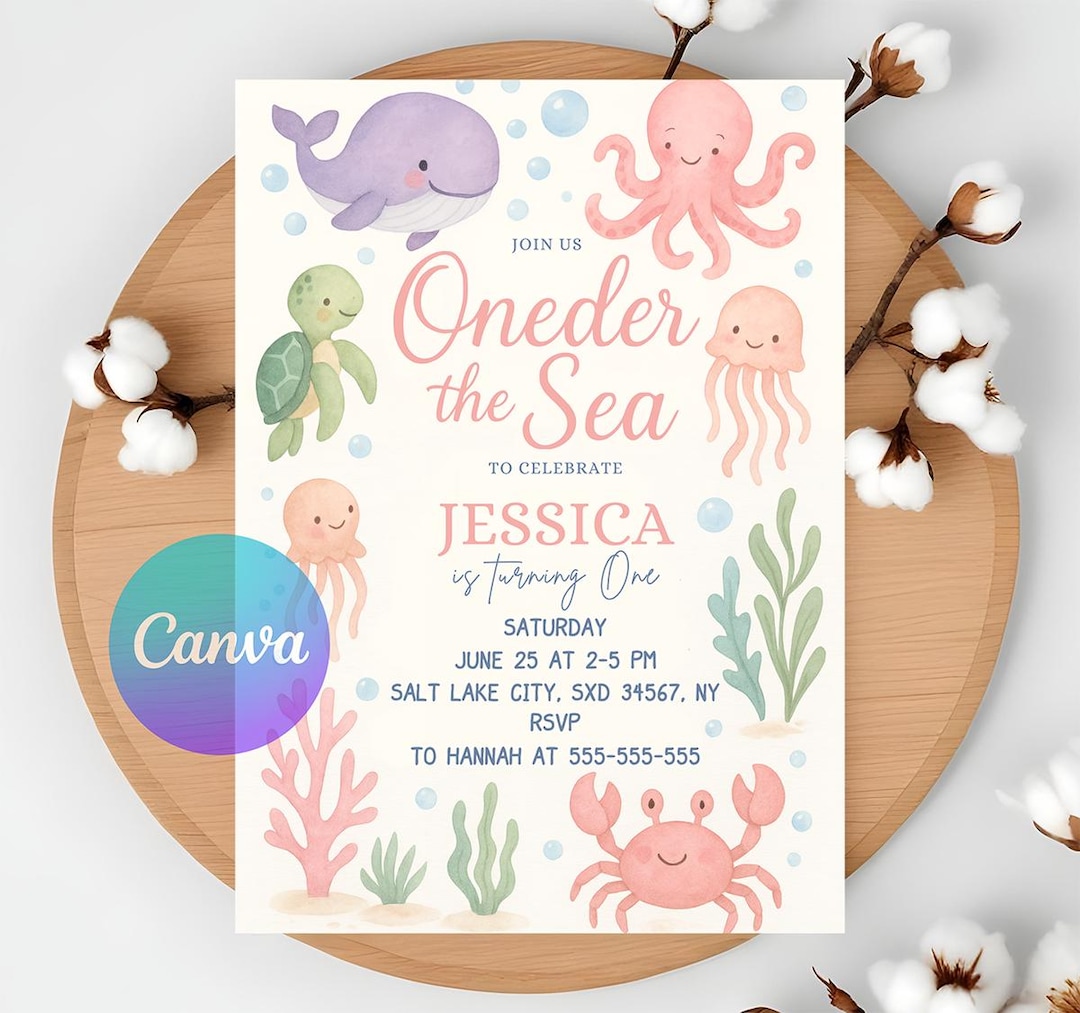 Oneder the Sea Birthday Invitation, Editable Canva Template, Watercolor ...