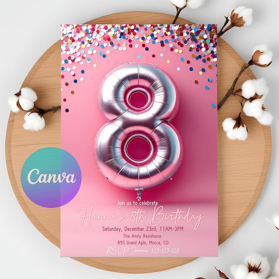 Editable Glitter Birthday Invitations: Personalised 8th Birthday Party ...