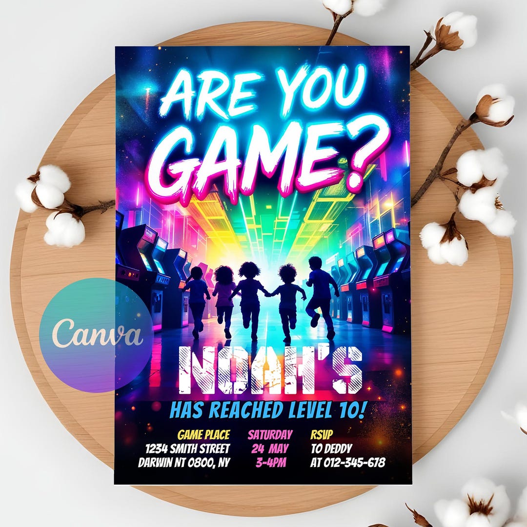 Arcade Hall Invite | Gaming Arcade Party Invitation | Neon Laser Arcade ...