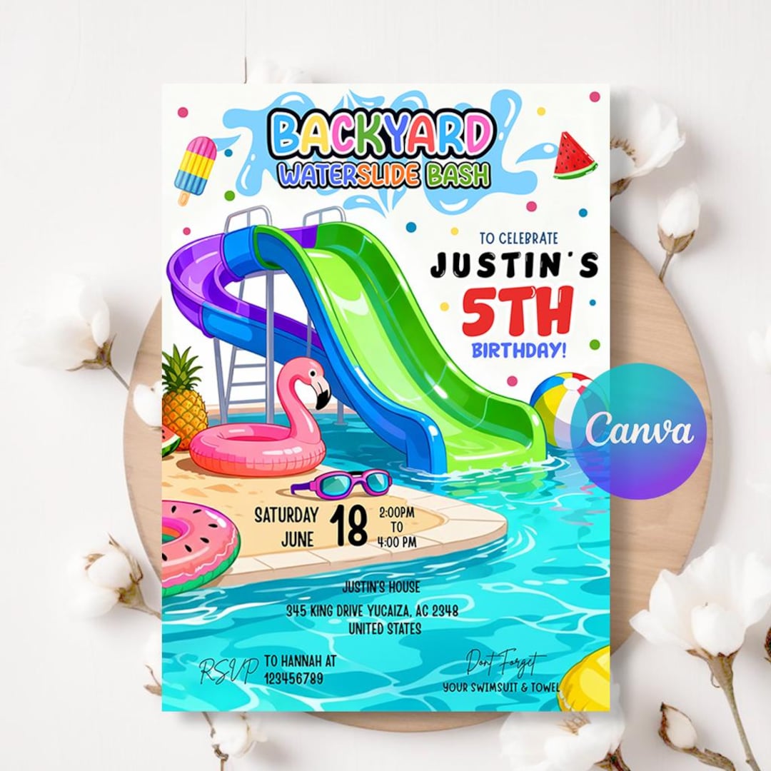 Water Slide Birthday Party Invite, Summer Splash Theme, Pool Fun ...