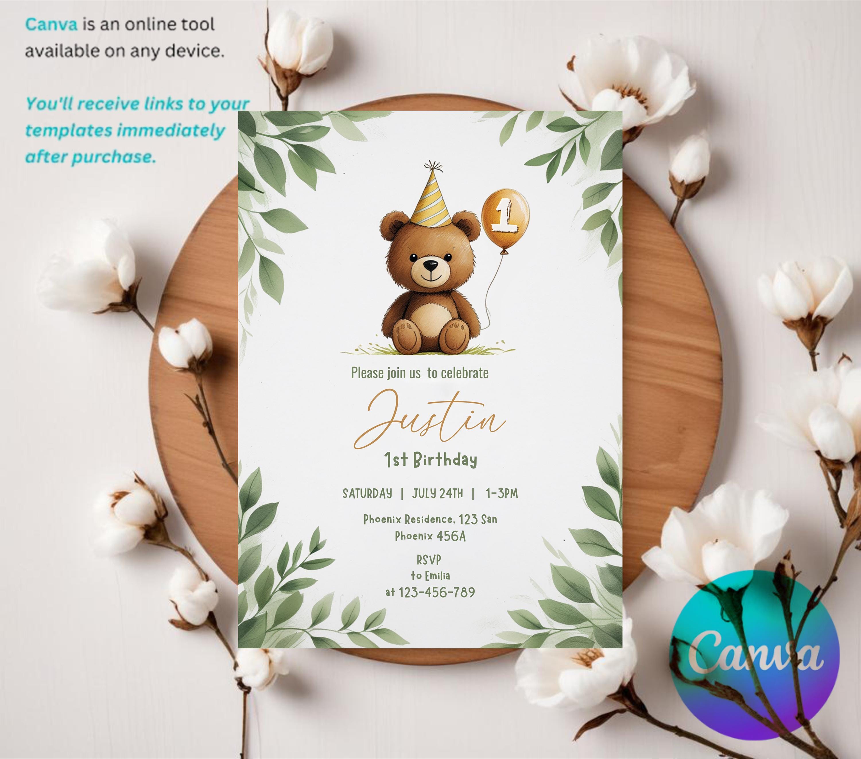 Editable Bear Birthday Invitation, Bear Neutral Invite Beary First Boho ...