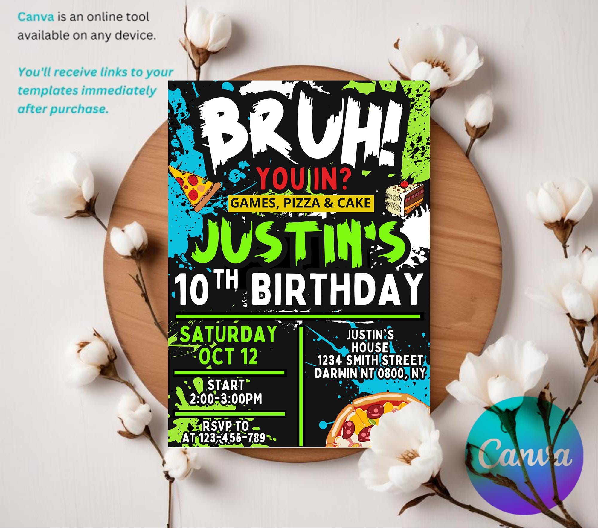 Neon Graffiti Bruh Birthday Invitation: Editable Canva Template ...