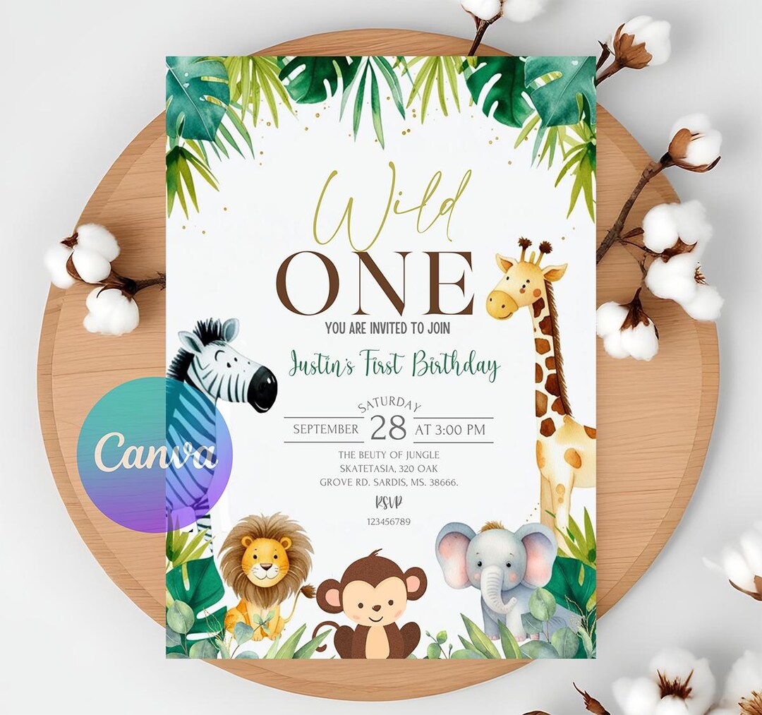 Editable Safari First Birthday Evite, Jungle Animals Party, Wild One ...
