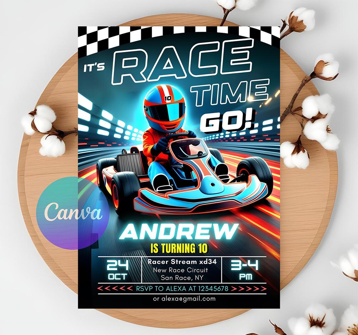 Neon Go Kart Birthday Party Invitation: Editable Canva Template ...