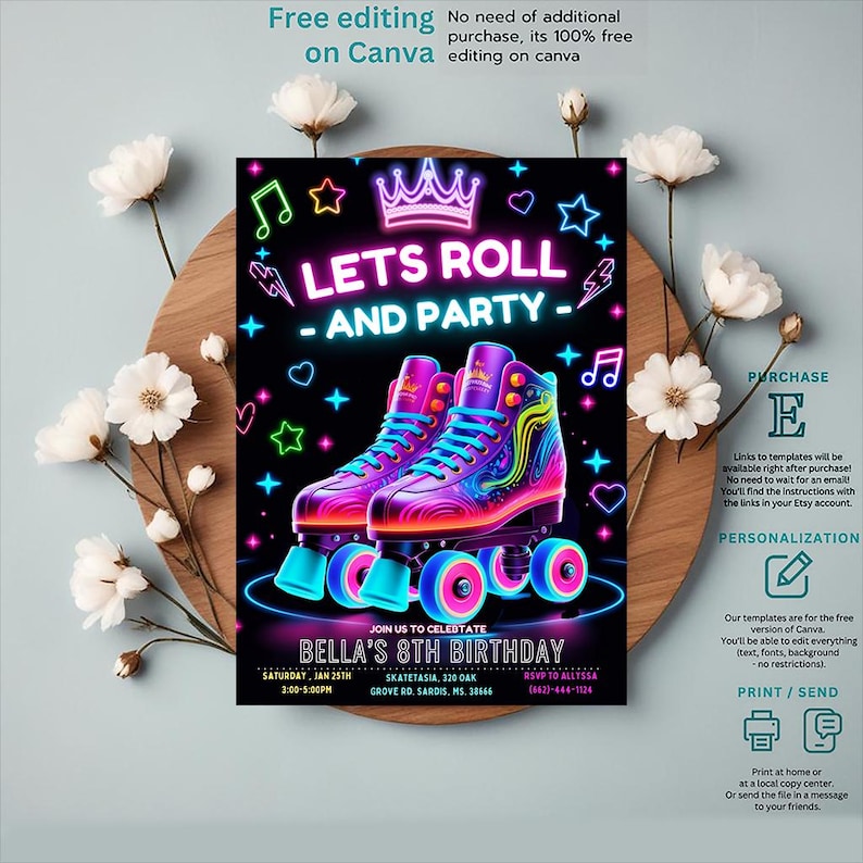 Editable Roller Skating Invitation for a Glow Party Birthday, 70s/80s ...