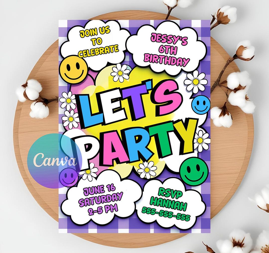 Editable Preppy Patch Birthday Invitation: Retro Varsity, Smiley Face ...