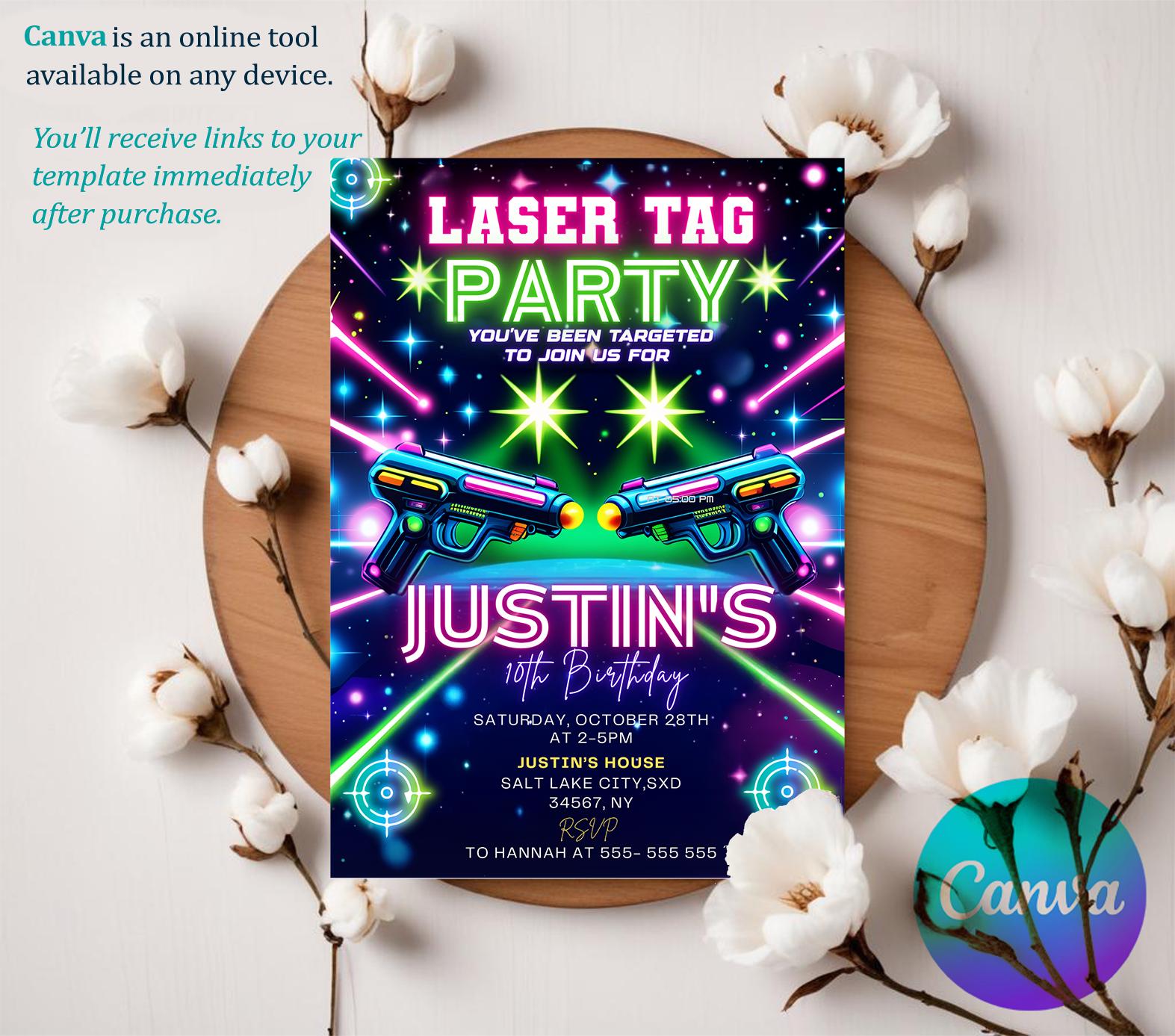 Laser Tag Birthday Invitation, Laser Tag Party Invite Template, Neon ...