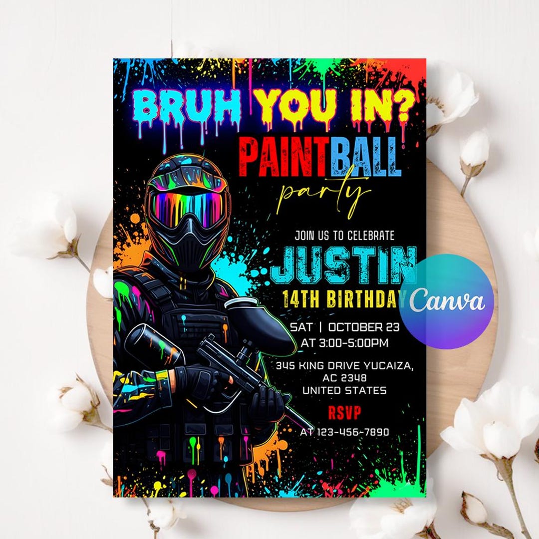 Paintball Birthday Party Invitation, Action Battle Theme Invite, Color ...