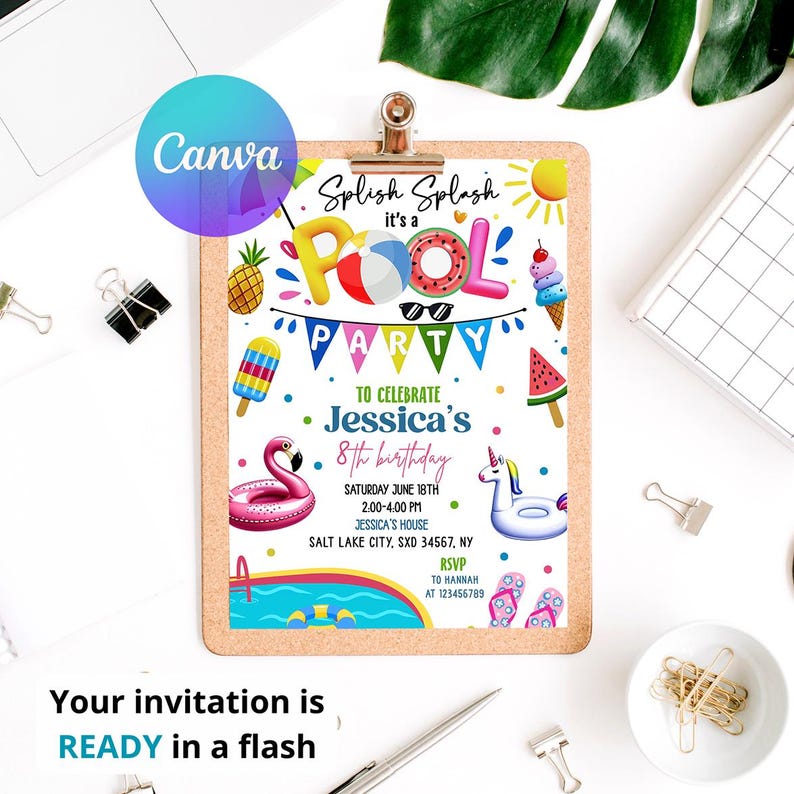 Pool Party Birthday Invitation: Splish Splash Girl Theme (canva ...