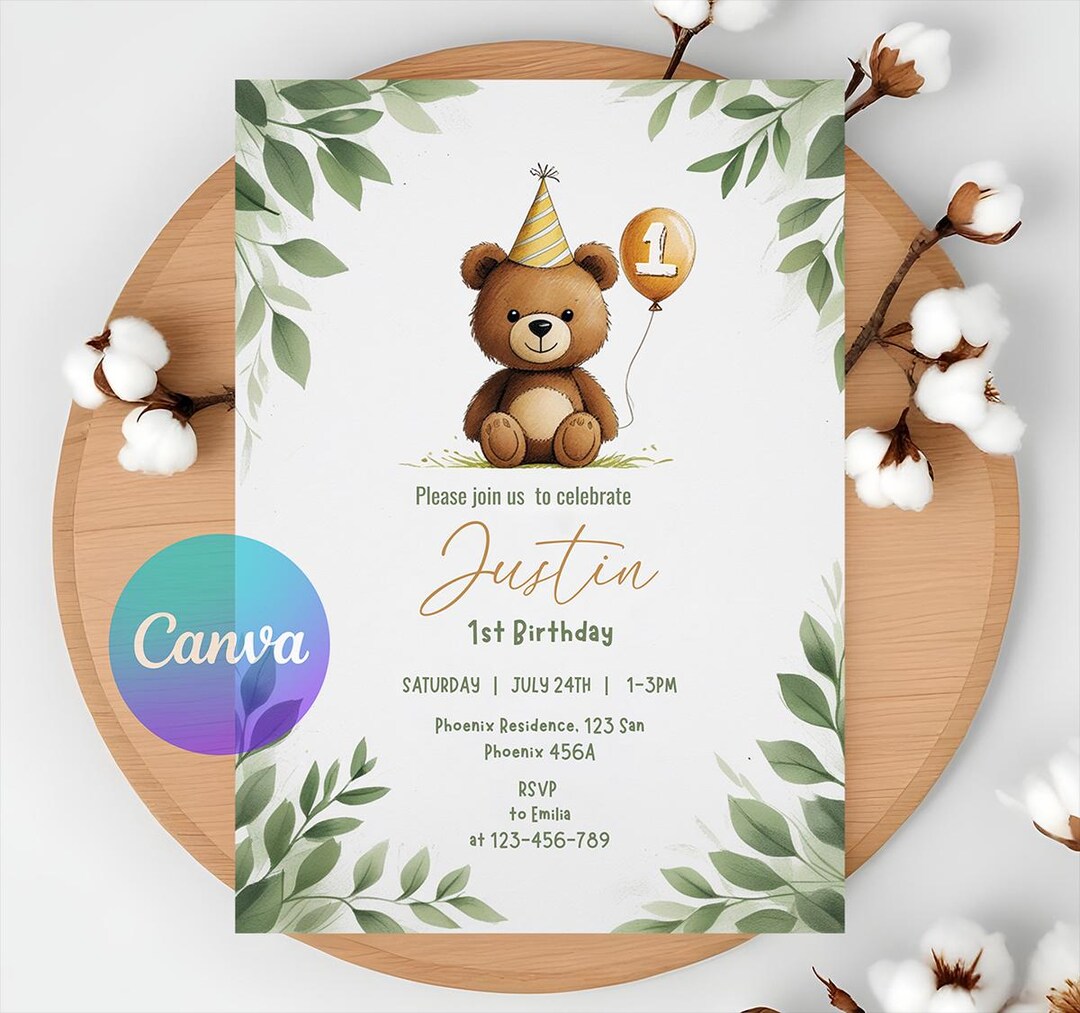 Editable Bear Birthday Invitation, Bear Neutral Invite Beary First Boho ...