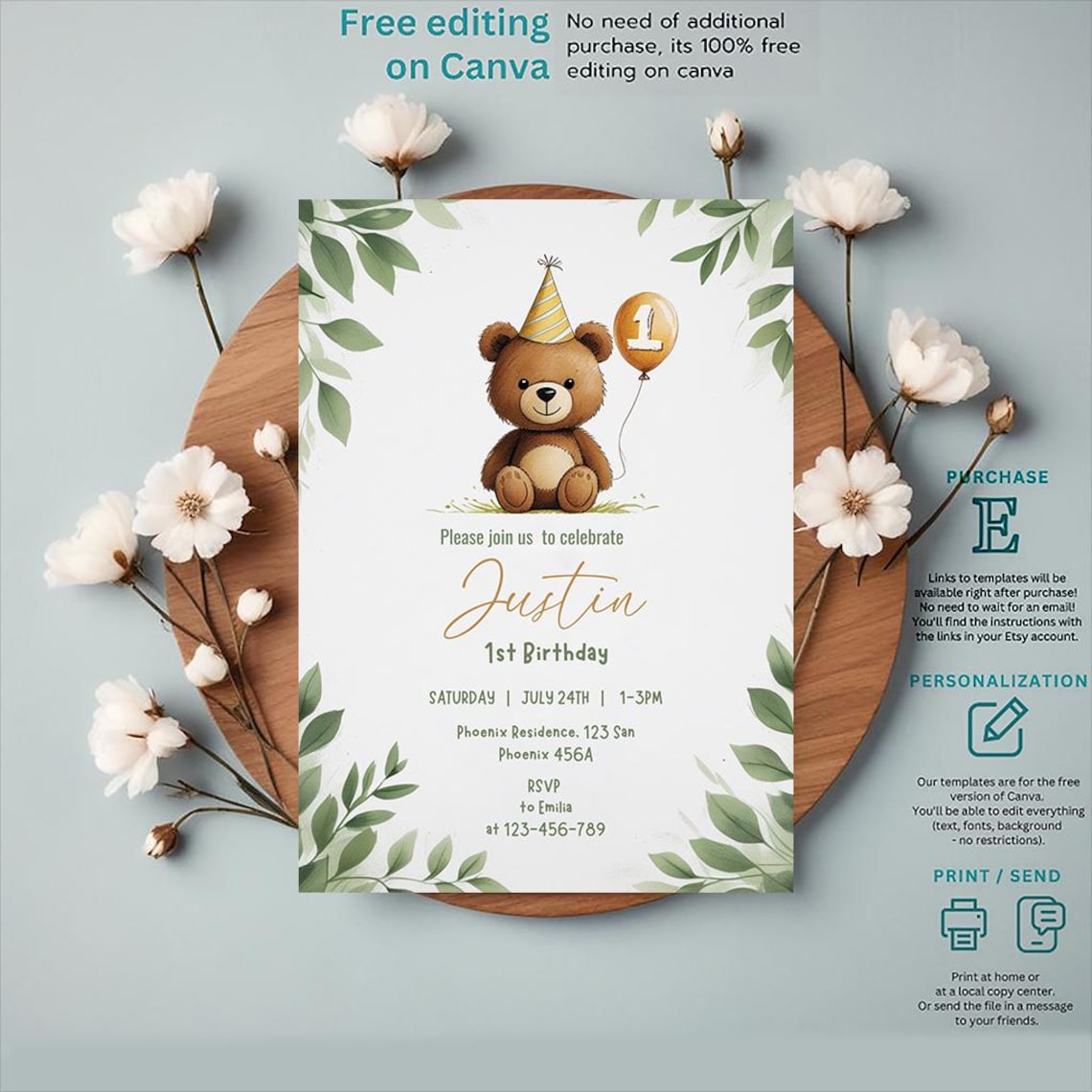 Editable Bear Birthday Invitation, Bear Neutral Invite Beary First Boho ...
