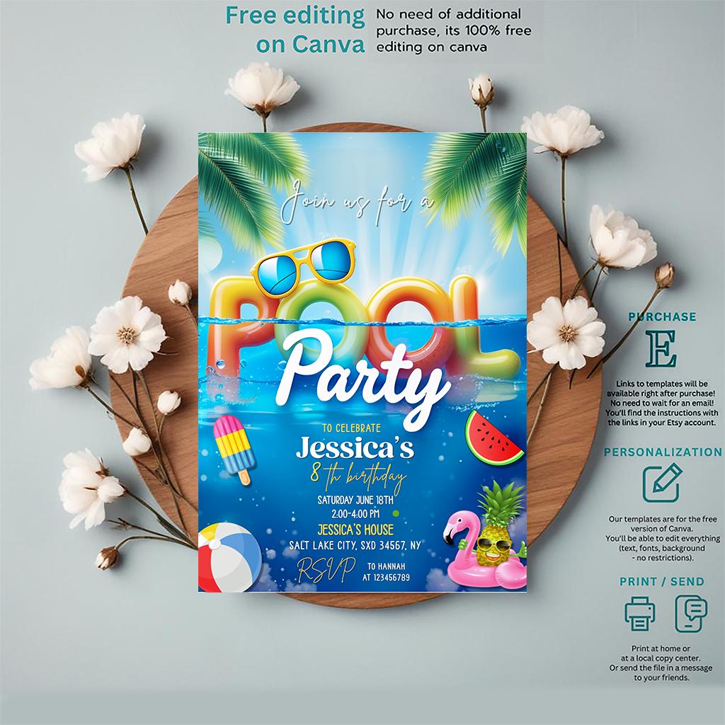 Pool Party Birthday Invitation: Summer Theme (digital Download) - Etsy