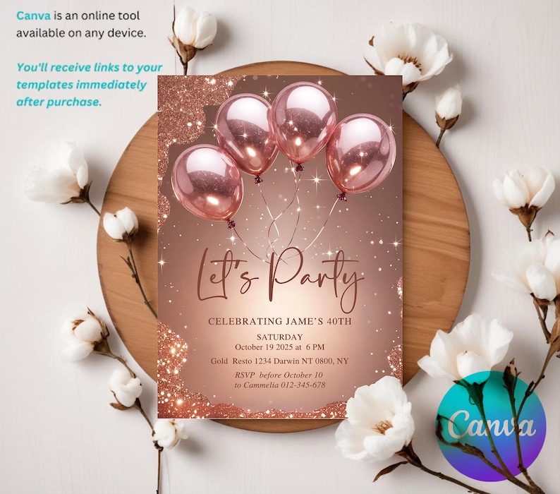 Rose Gold Invitation Template Rose Gold Birthday Invitation 40th, Rose ...