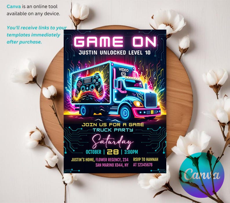Video Game Birthday Invitation Digital Download Video Game Truck ...