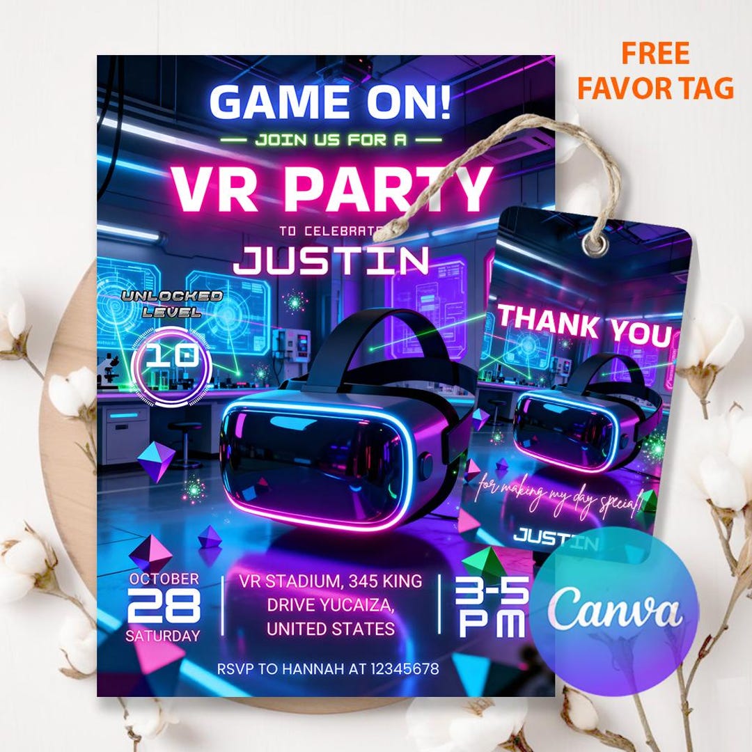 VR Birthday Invitation, Glow Virtual Reality Party Invite, Neon Gamer ...