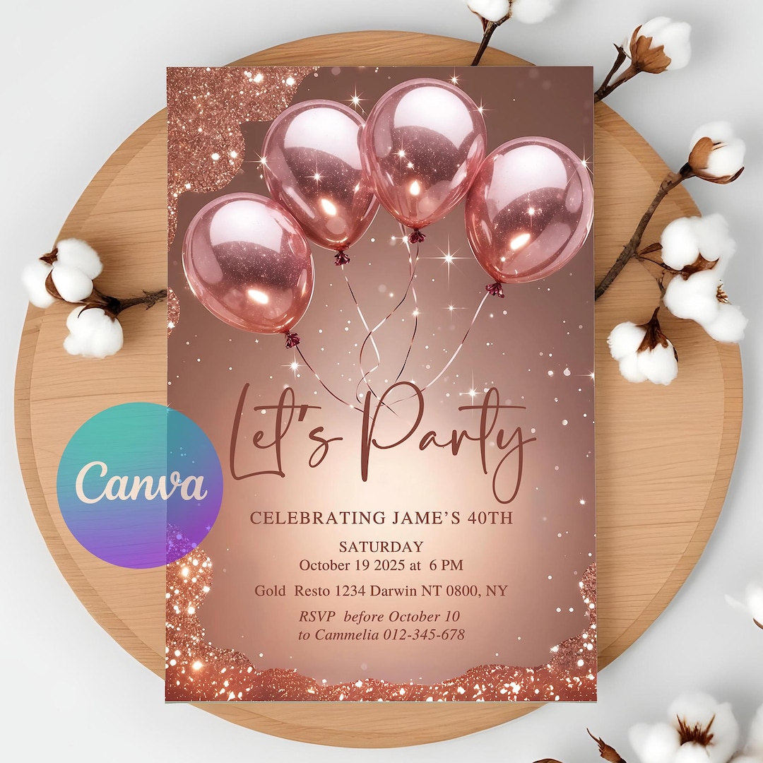 Rose Gold Invitation Template Rose Gold Birthday Invitation 40th, Rose ...