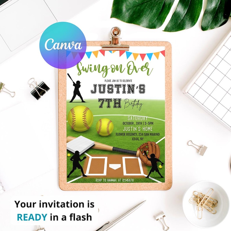 Editable Softball Birthday Invitation: Printable Party Card (digital ...