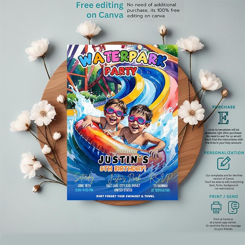 Waterslide Birthday Party, Water Park Birthday Invitation, Water Park ...