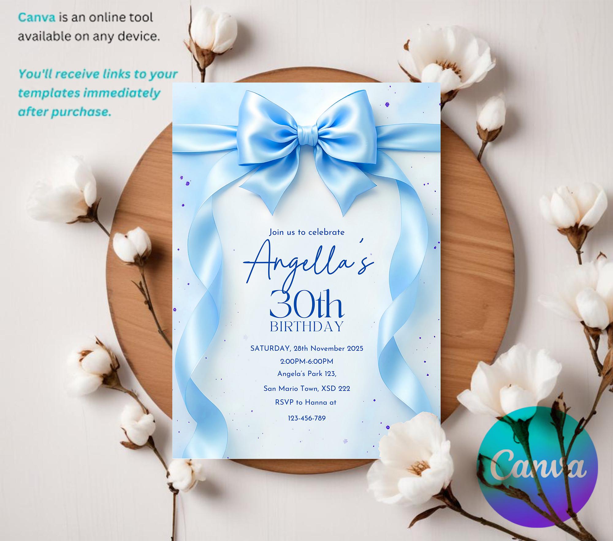 30th Birthday Invite - Hand Drawn Blue Bow Invitation! Elegant Coquette ...
