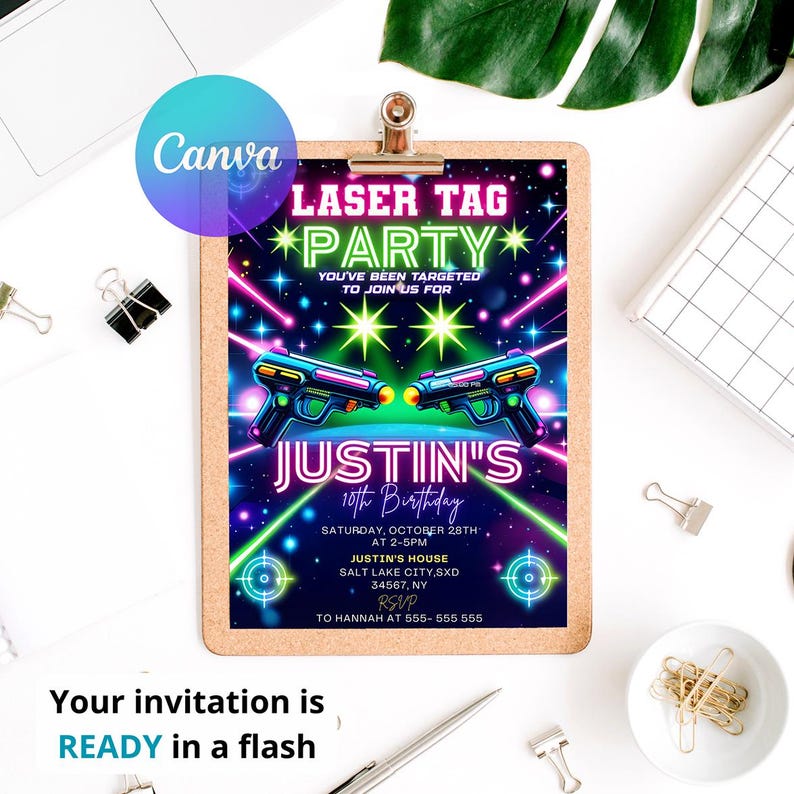 Laser Tag Birthday Invitation, Laser Tag Party Invite Template, Neon ...